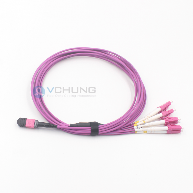 8 Fibers OM4 MPO Female to 4xLC Duplex Breakout Optical Cable
